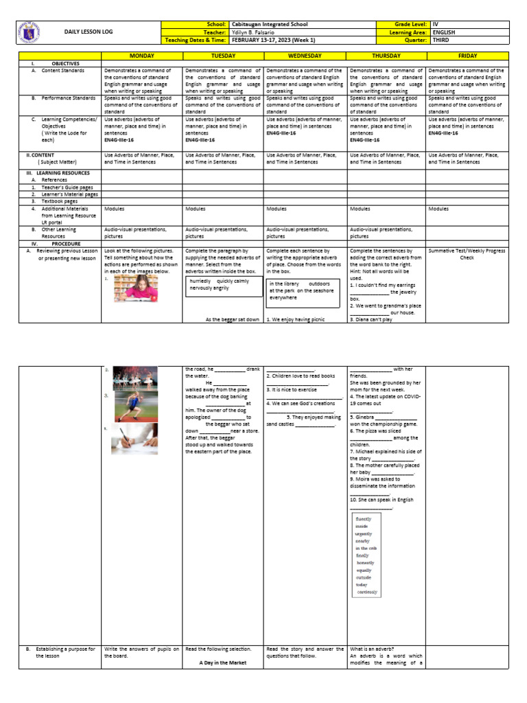 DLL English 4 q3 w1 Adverbs Ybf | PDF | Adverb | Linguistics