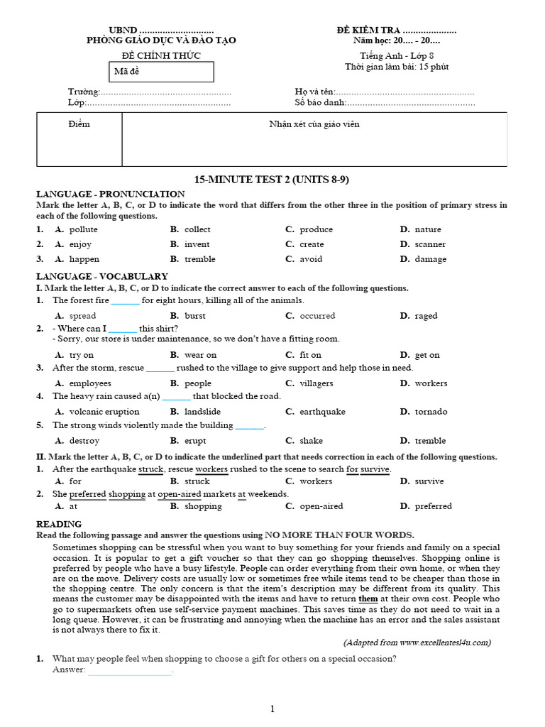 15-Minute Test 2 (Units 8-9) | PDF | Supermarket