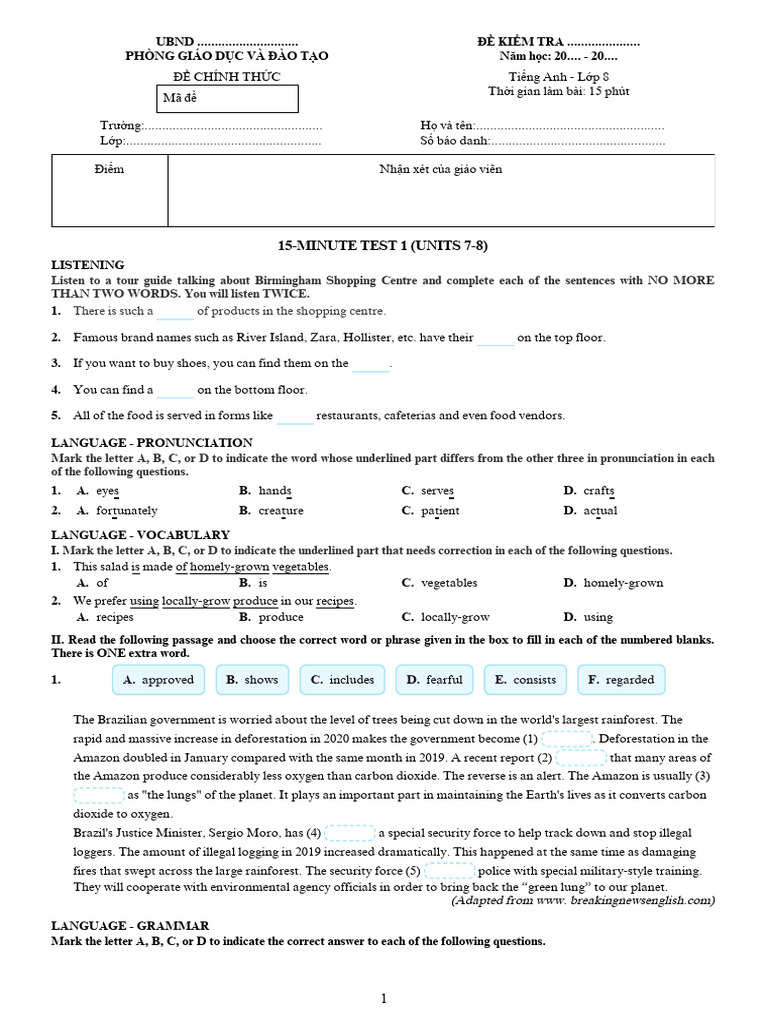 15-Minute Test 1 (Units 7-8) | PDF | Amazon Rainforest | Deforestation