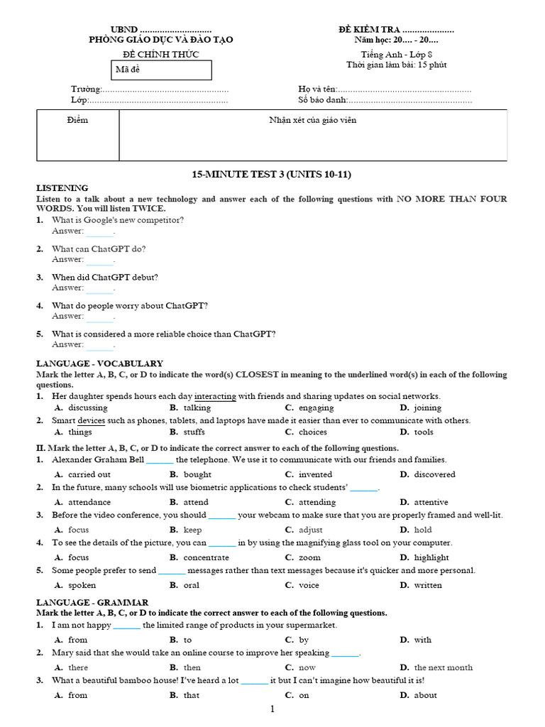 15-Minute Test 3 (Units 10-11) | PDF | Human Communication | Communication