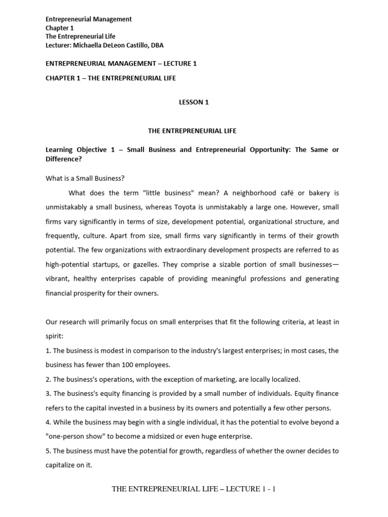 Entrepreneurial Management - Lecture 1 Note | PDF | Entrepreneurship ...