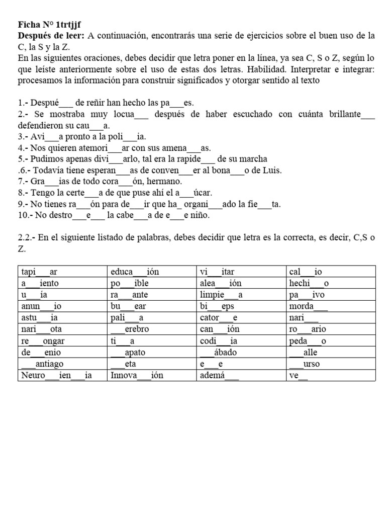 Ejercicios de Ortografía: C, S y Z | PDF