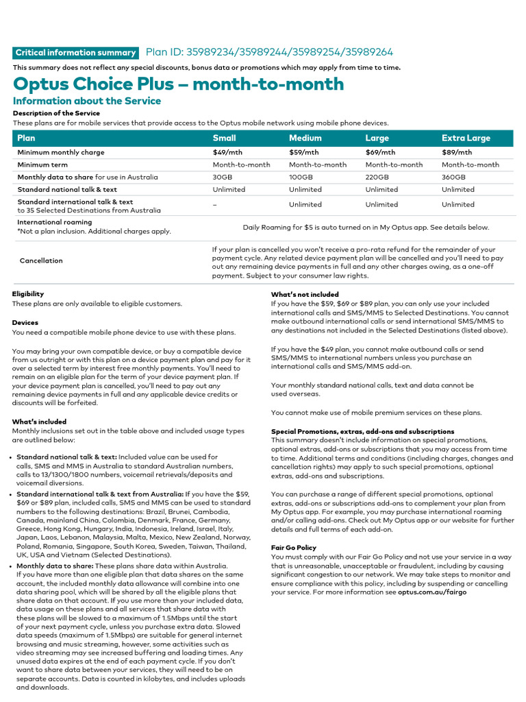 CIS Optus Choice Plus | PDF | Roaming | Credit Card