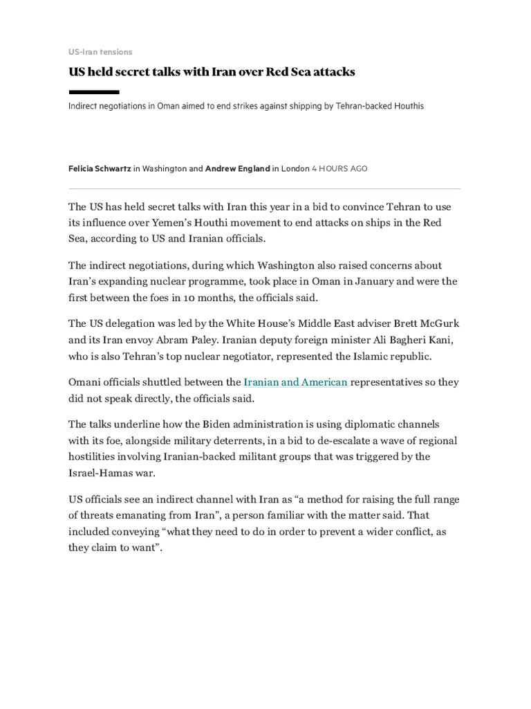 US Held Secret Talks With Iran Over Red Sea Attacks | PDF