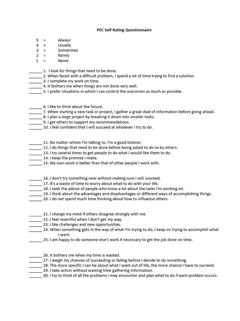 PEC Self Rating Questionnaire Guide | PDF | Social Psychology ...