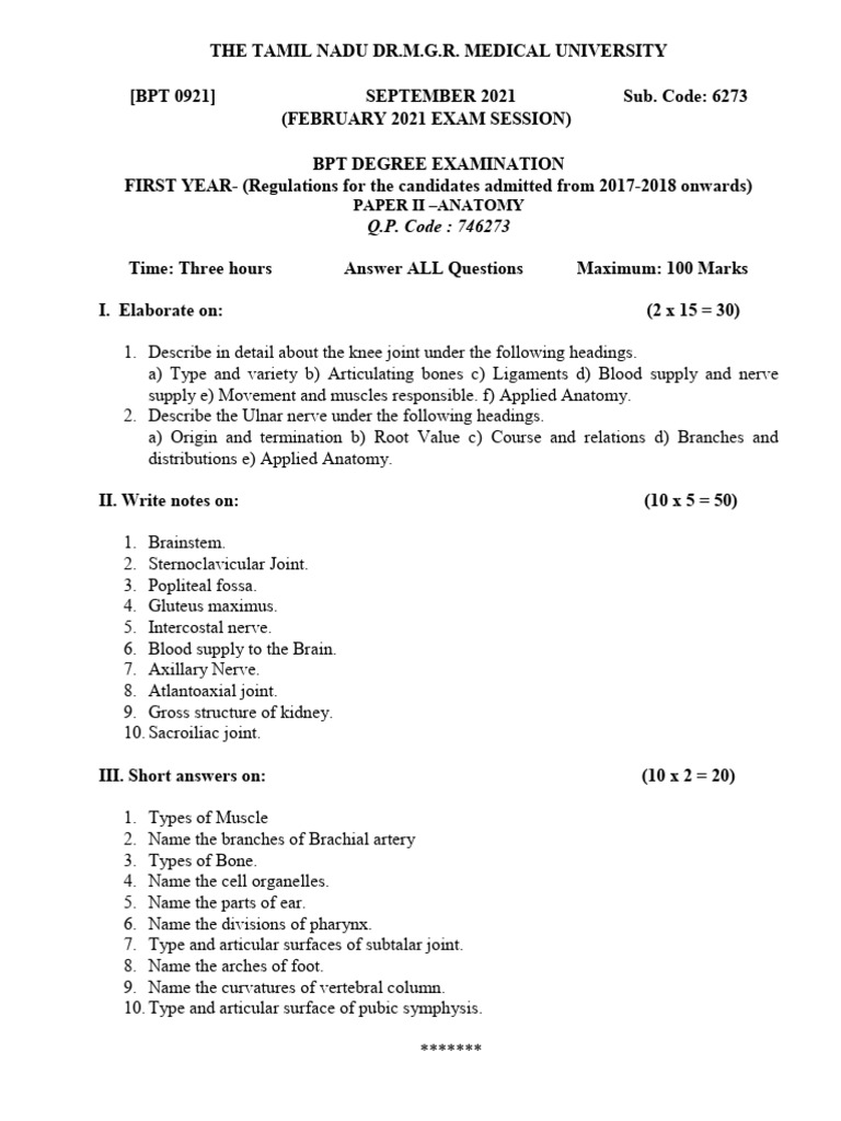 Anatomy Question Papers | Download Free PDF | Shoulder | Hand