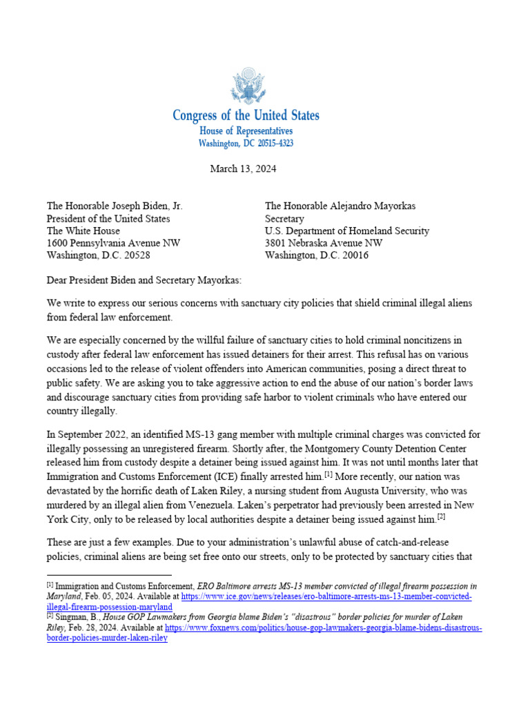 3.13.24 Republican Letter On Sanctuary Cities | PDF | U.S. Immigration ...