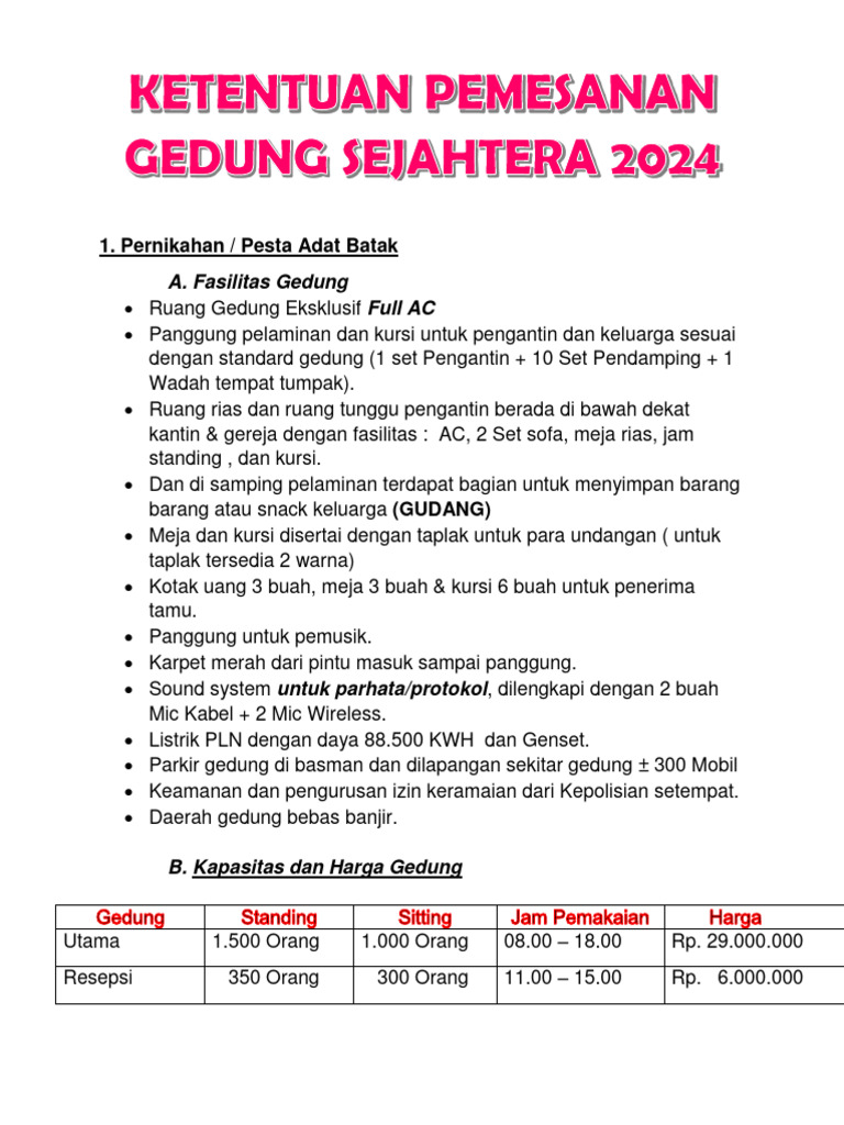 Biaya Sewa Gedung Pesta Adat Batak | PDF