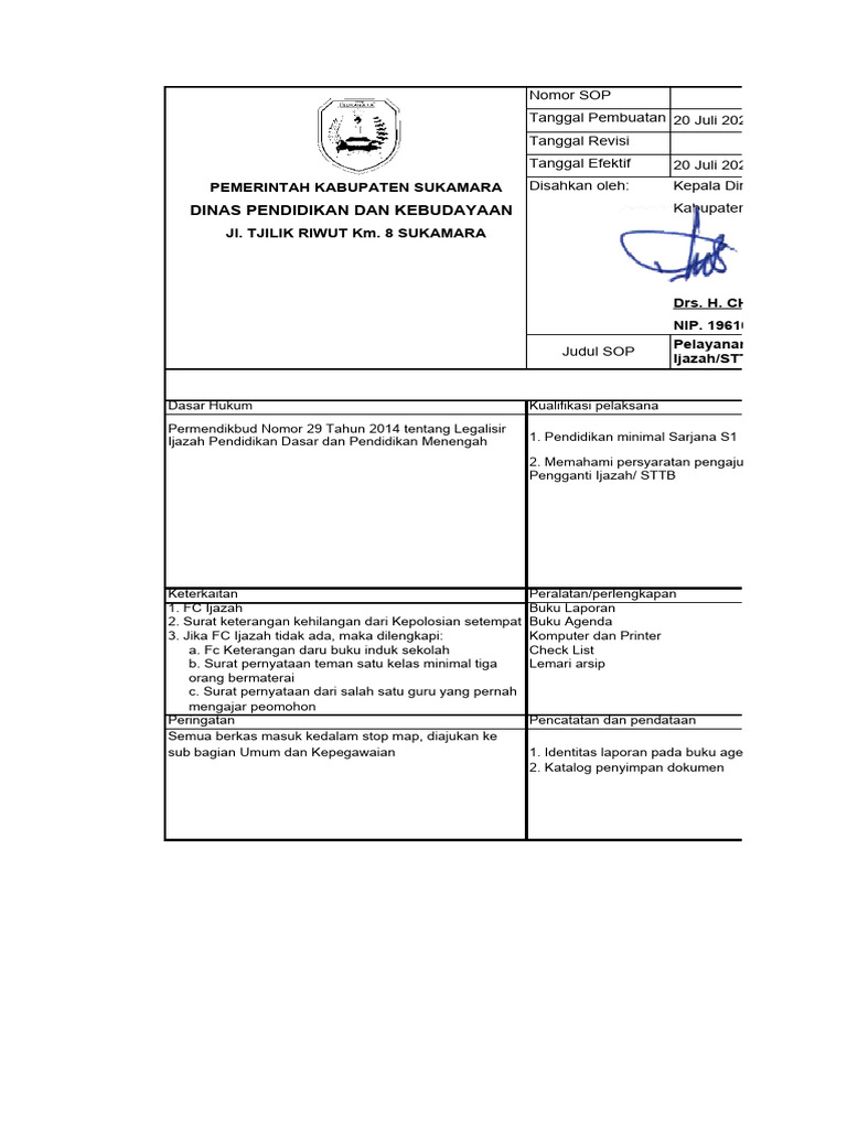 1 Sop Pelayanan Pengesahan Surat Keterangan Pengganti Ijazah-Sttb | PDF