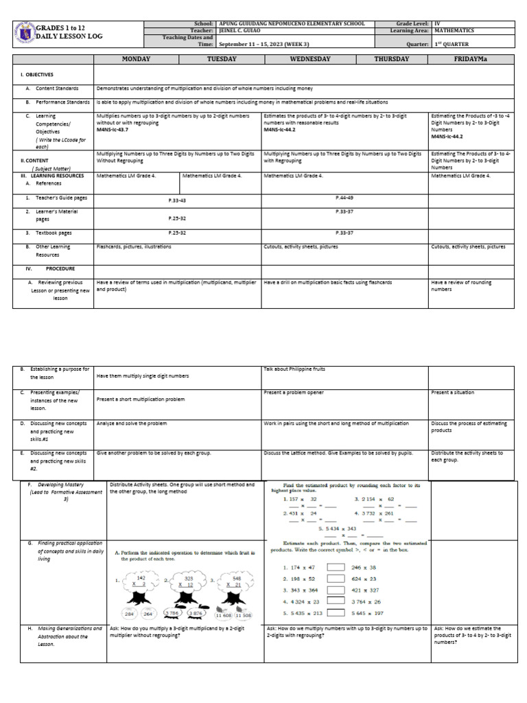 DLL - Mathematics 4 - Q1 - W3 | PDF | Multiplication | Learning