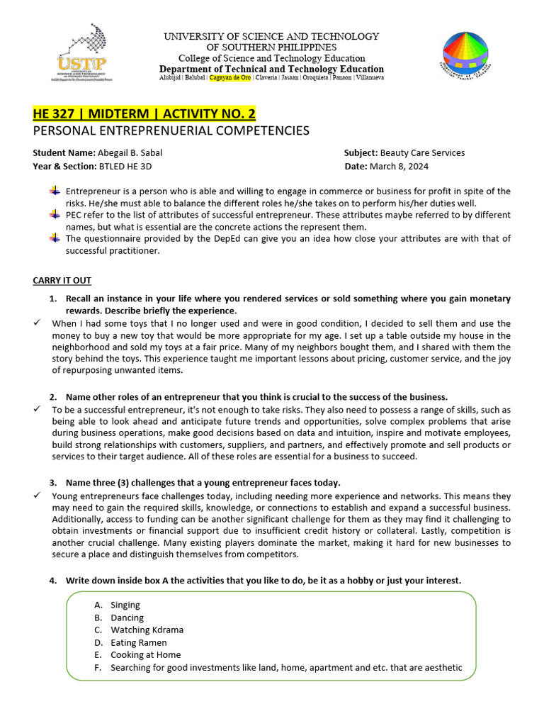 Sabal He327 Midterm Activity 2 | PDF | Entrepreneurship | Goal