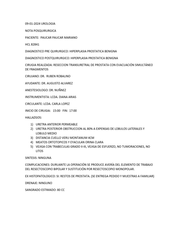 Nota Posquirurgica Rtup Paciente | PDF