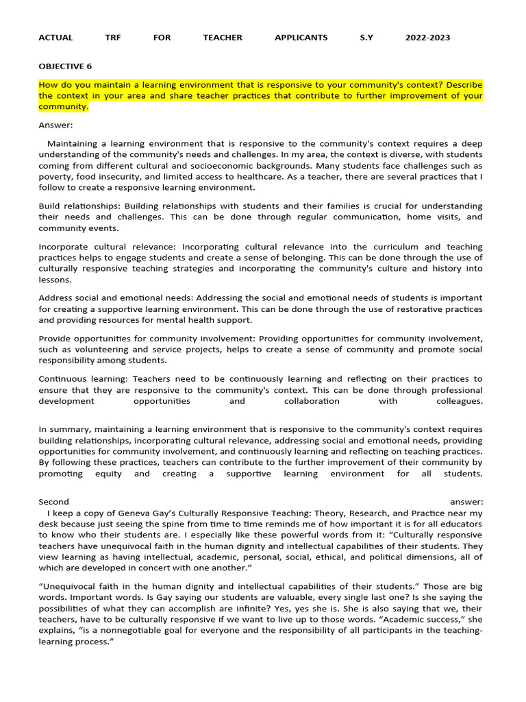 ACTUAL TRF 2023 | PDF | Teachers | Learning