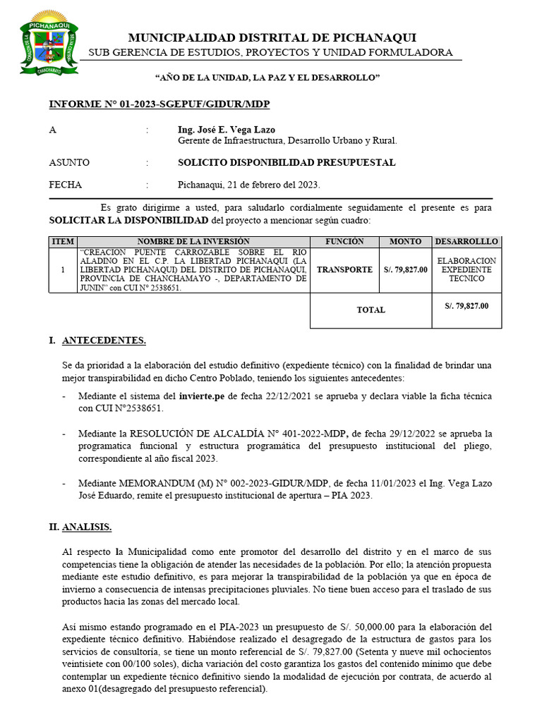 Informe-N 01-2023 Sgepuf - Solicito Disponibilidad Presupuestal Puente Aladino | PDF ...