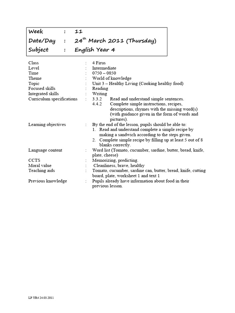 Lesson Plan English Year 4 | PDF | Teachers | Lesson Plan