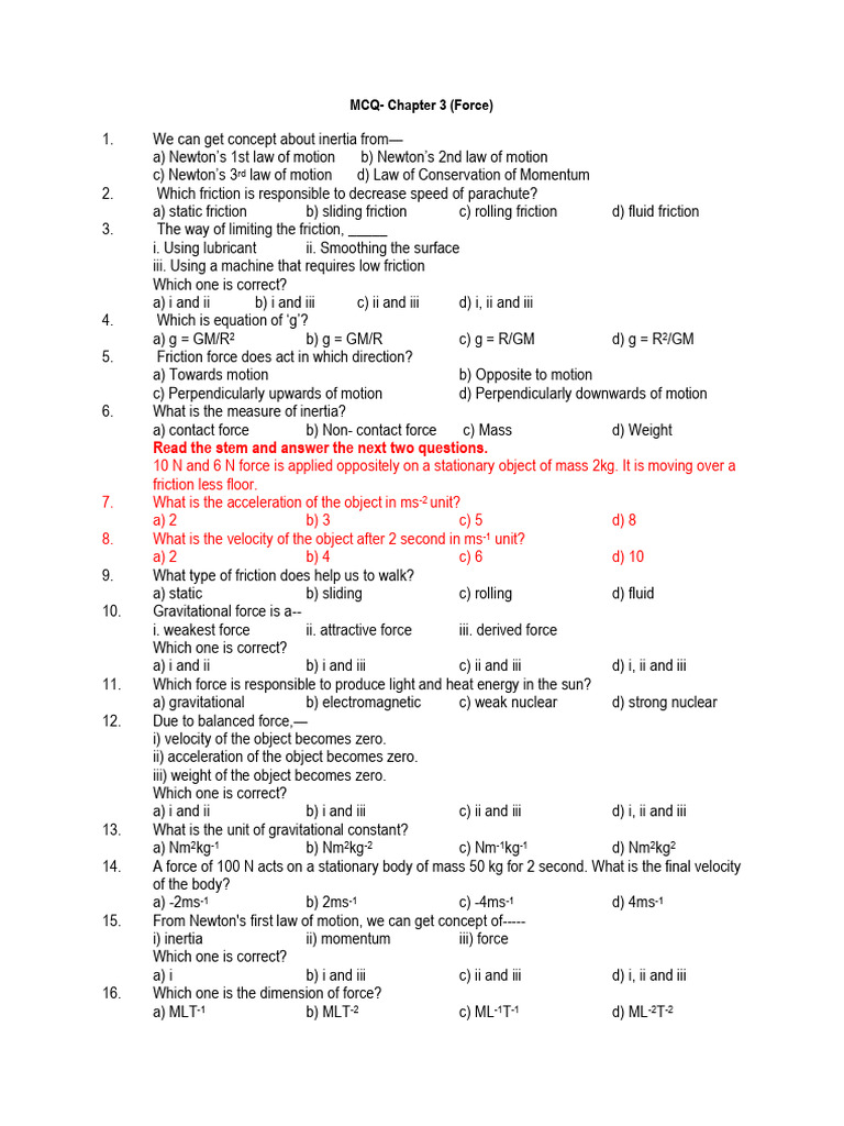 Physics Mcq Ch 3 Force Pdf Force Friction