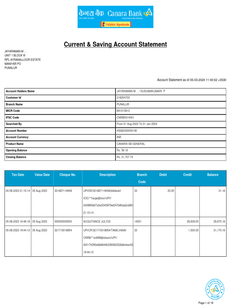 Current & Saving Account Statement: Jayaraman M - . Unit 1 Block Iii RPL Ayranalloor Estate ...