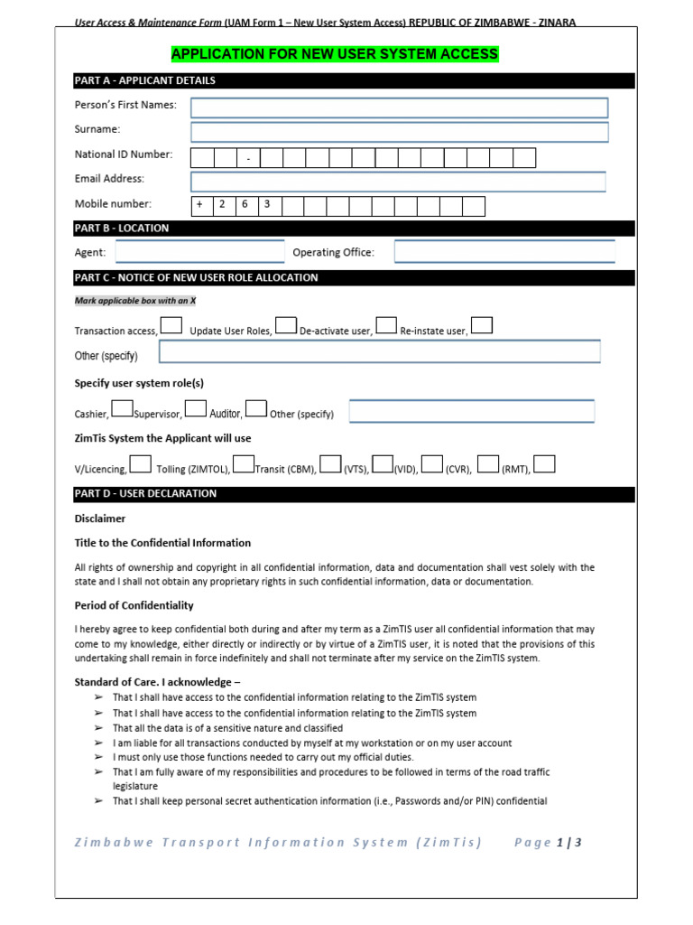 ZINARA UAM FORM 1 - New User System Access | PDF | Indemnity | Justice