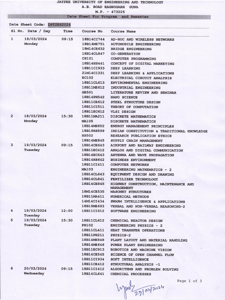 Date Sheet Test-2 Even Semester 2024 | PDF | Engineering | Computer ...