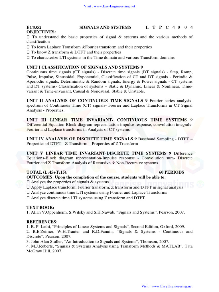 EC8352 Signals and Systems 1 - by EasyEngineering - Net 4 | PDF | Electronics | Applied Mathematics