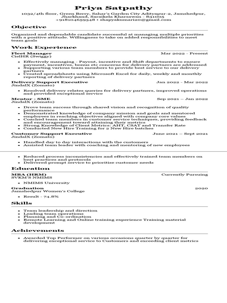Priya Satpathy CV | PDF | Mentorship | Business