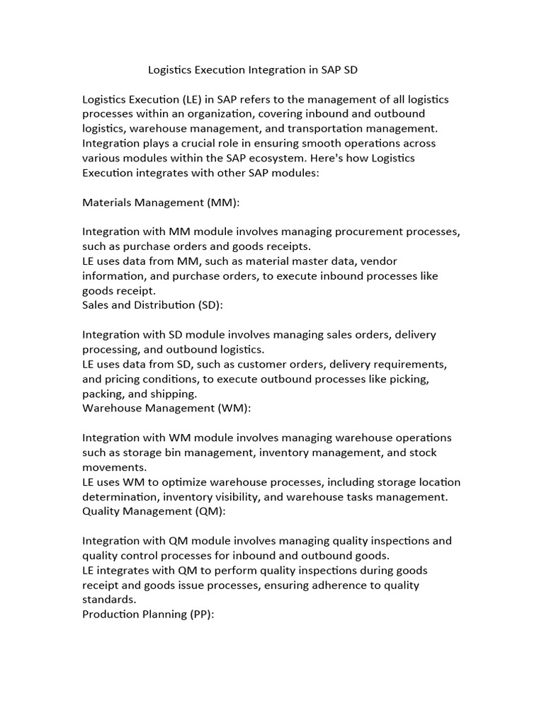 Sap Logistics Execution Overview Pdf Logistics Warehouse 2558