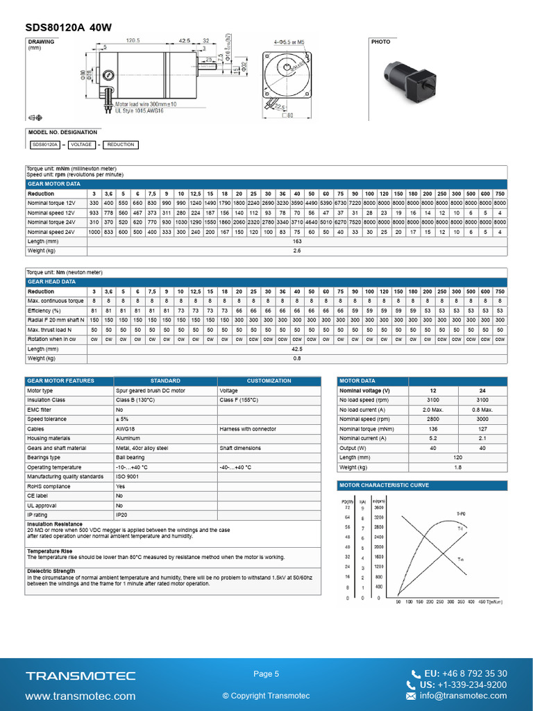 Transmotec Datasheet SDS80120A | PDF | Electric Motor | Torque