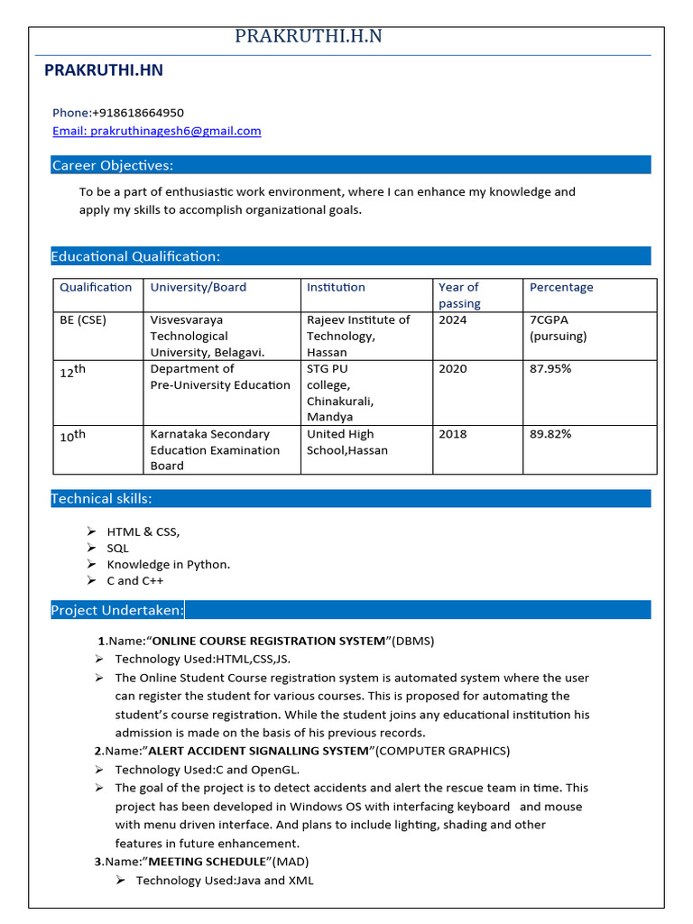 prakruthiNAGESH RESUME (4) | PDF | Computing | Software