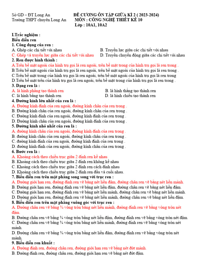 Đề cương ôn tập CN 10 GK2 2023-2024 | PDF