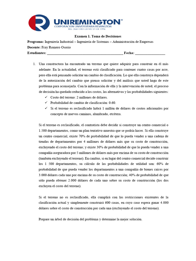 Examen 1. Toma de Decisiones | Descargar gratis PDF | Toma de decisiones