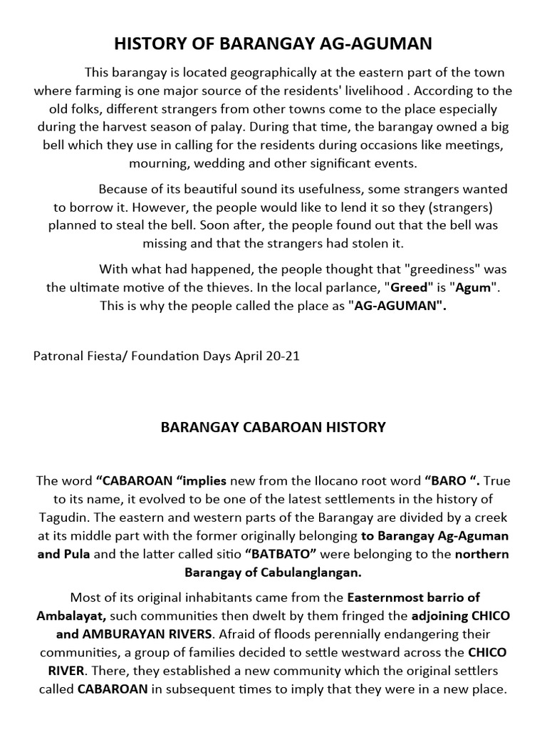 History of Barangay Ag-Aguman and Cabaroan | PDF