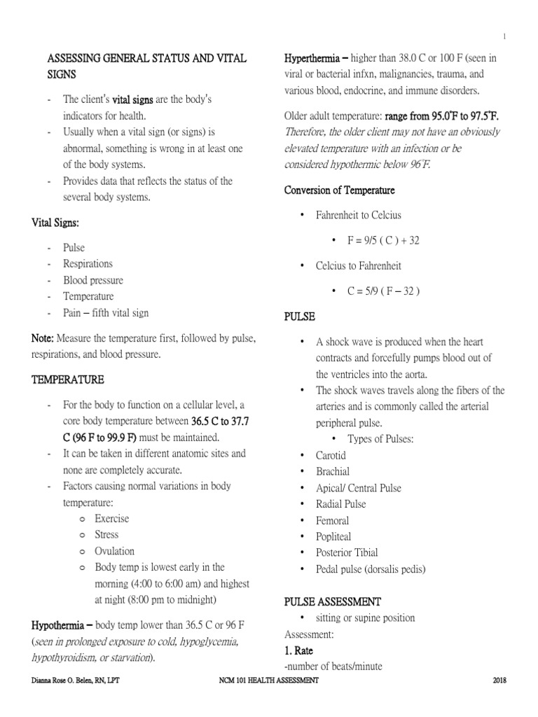 Lesson 2 NCM 101 Assessing Vital Signs and General Status | PDF | Blood ...