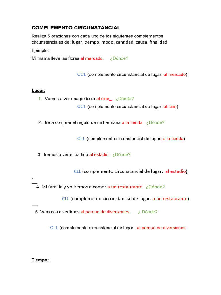 Ejemplos de Complementos Circunstanciales | PDF | Artes del Lenguaje y ...