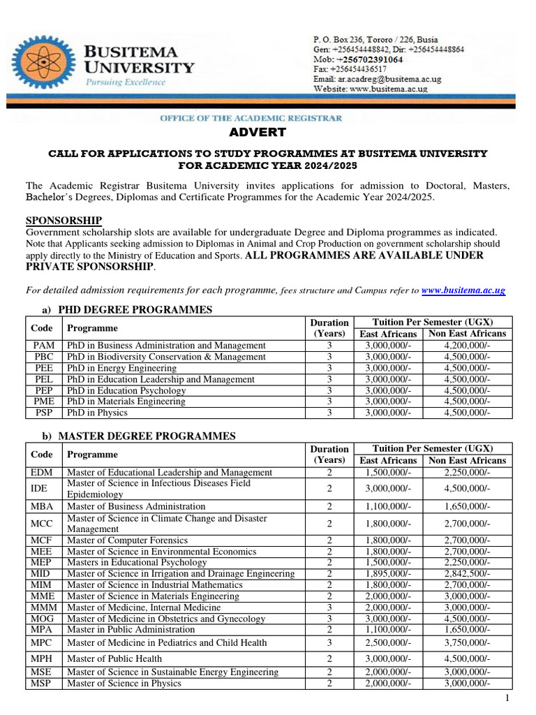 2024-2025 ADVERT Busitema University Admissions | PDF | Doctor Of ...