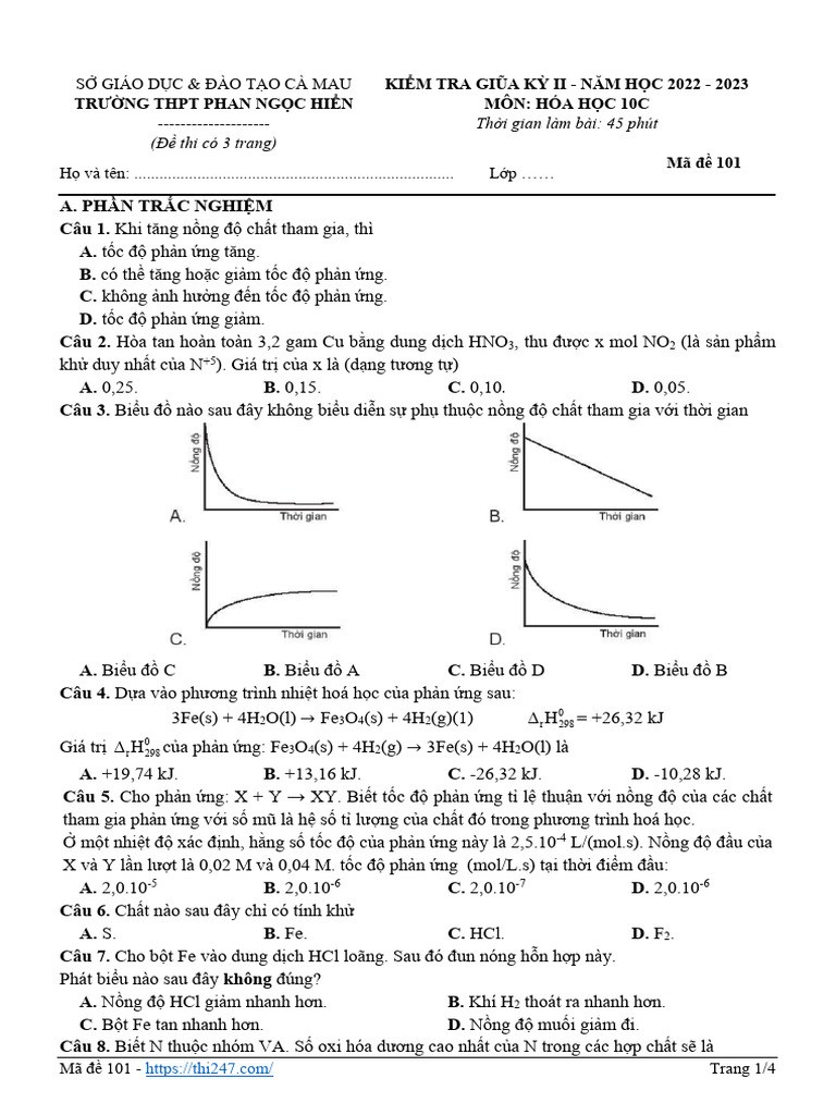 De Giua Ky 2 Hoa Hoc 10 Nam 2022 2023 Truong THPT Phan Ngoc Hien Ca Mau | PDF
