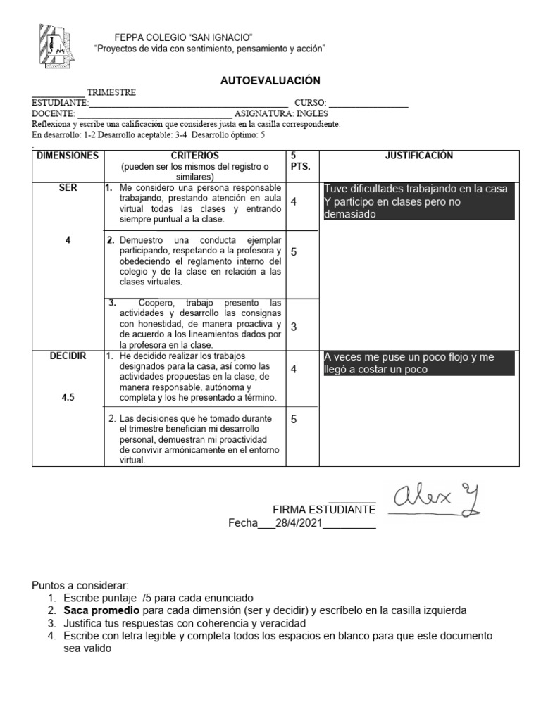 Autoevaluación Trimestral de Inglés | PDF | Artes del Lenguaje y ...