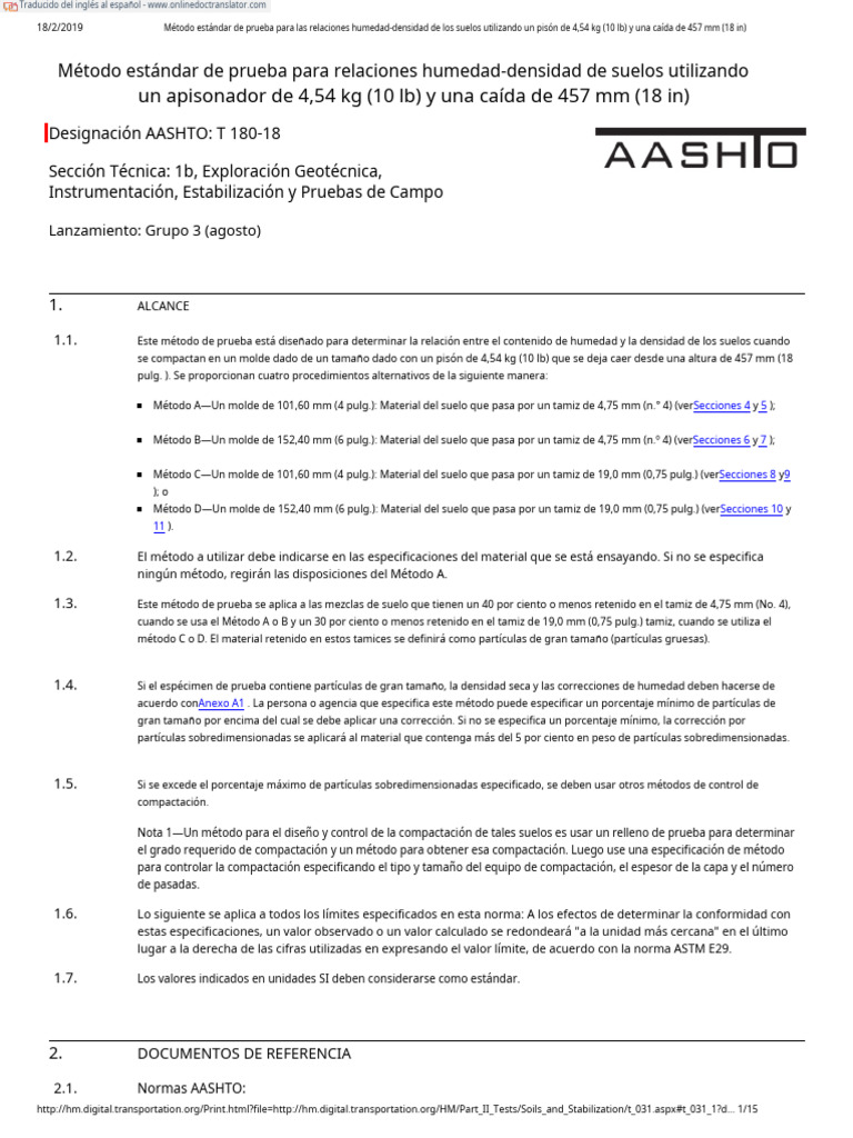 AASHTO T 180-18. PROCTOR EN CAMPO | PDF | Densidad | Hormigón