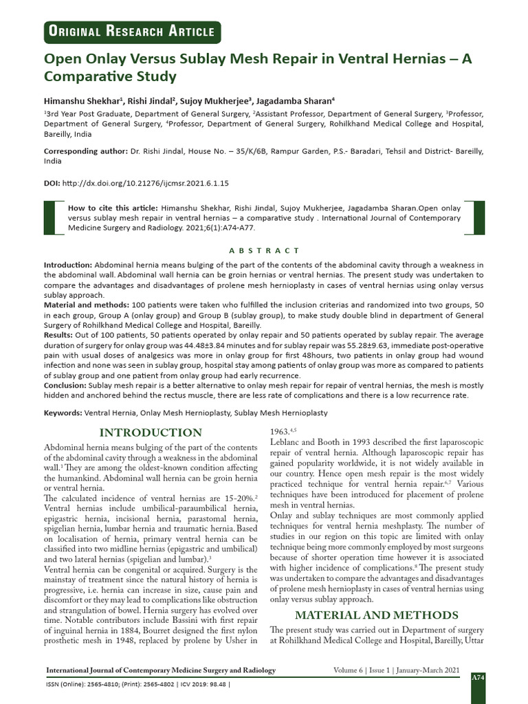 Open Onlay Versus Sublay Mesh Repair in Ventral Hernias - A Comparative Study | PDF | Surgery ...