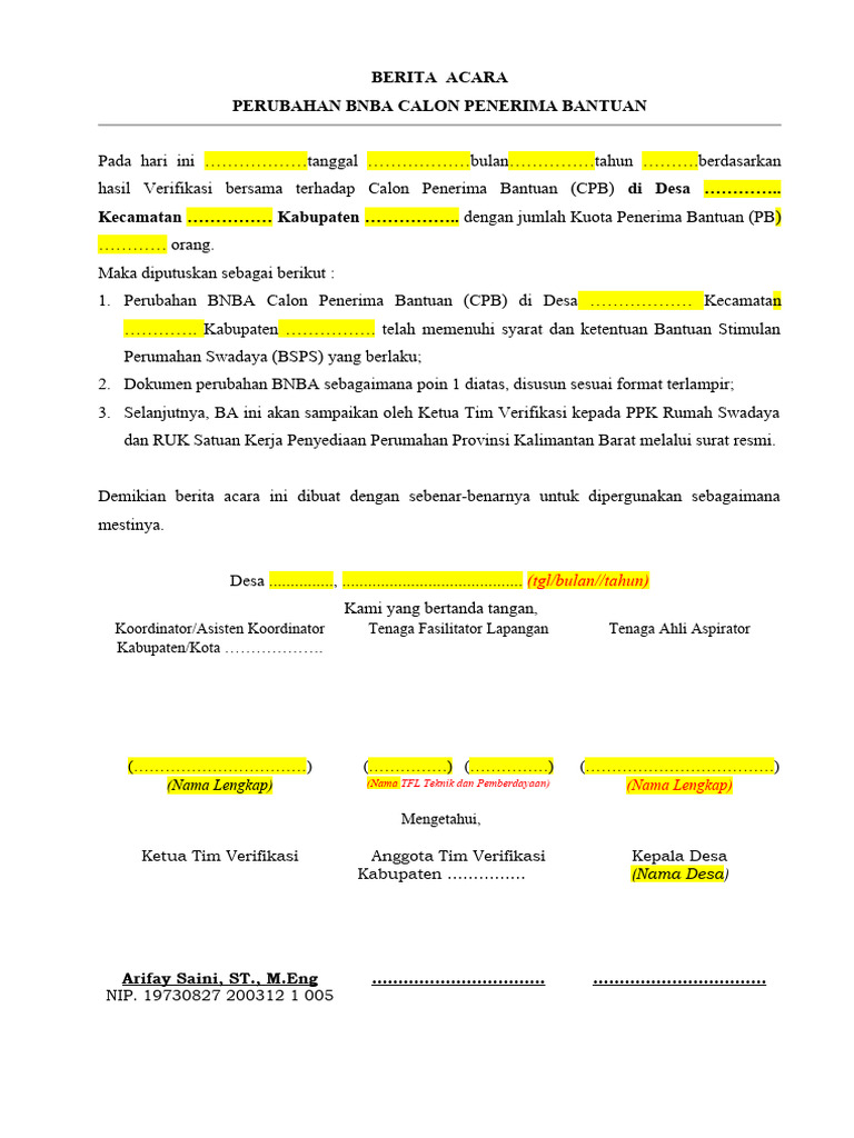 Berita Acara Perubahan BNBA Bantuan | PDF
