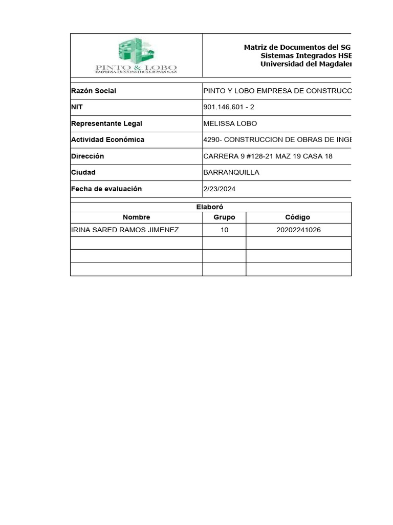 Taller No. 1 Matriz de Documentos SG HSEQ | Descargar gratis PDF ...