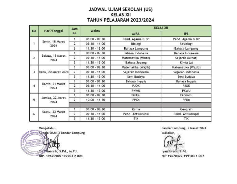 Jadwal Us Sman 3 BL 2023-2024 | PDF