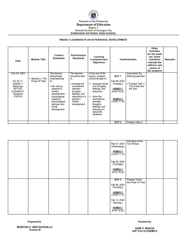 Gr. 11 HUMSS WLP For Personal Development Week 2 | PDF | Learning | Thought