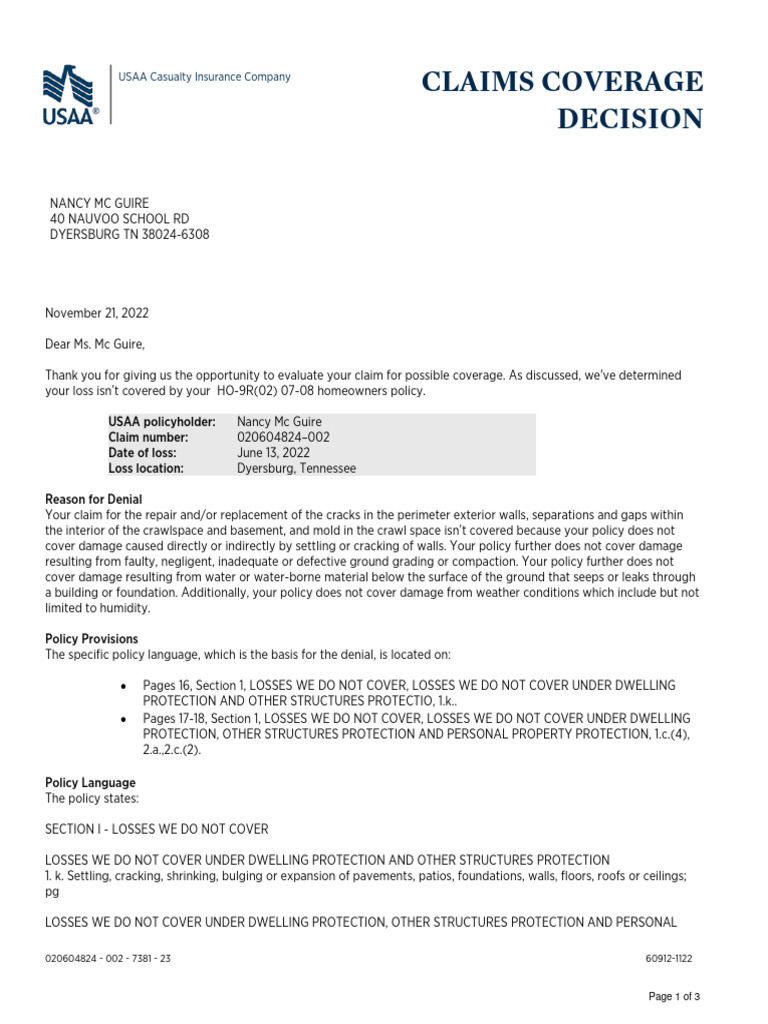Denial of Coverage - I422 | PDF | Insurance | Basement