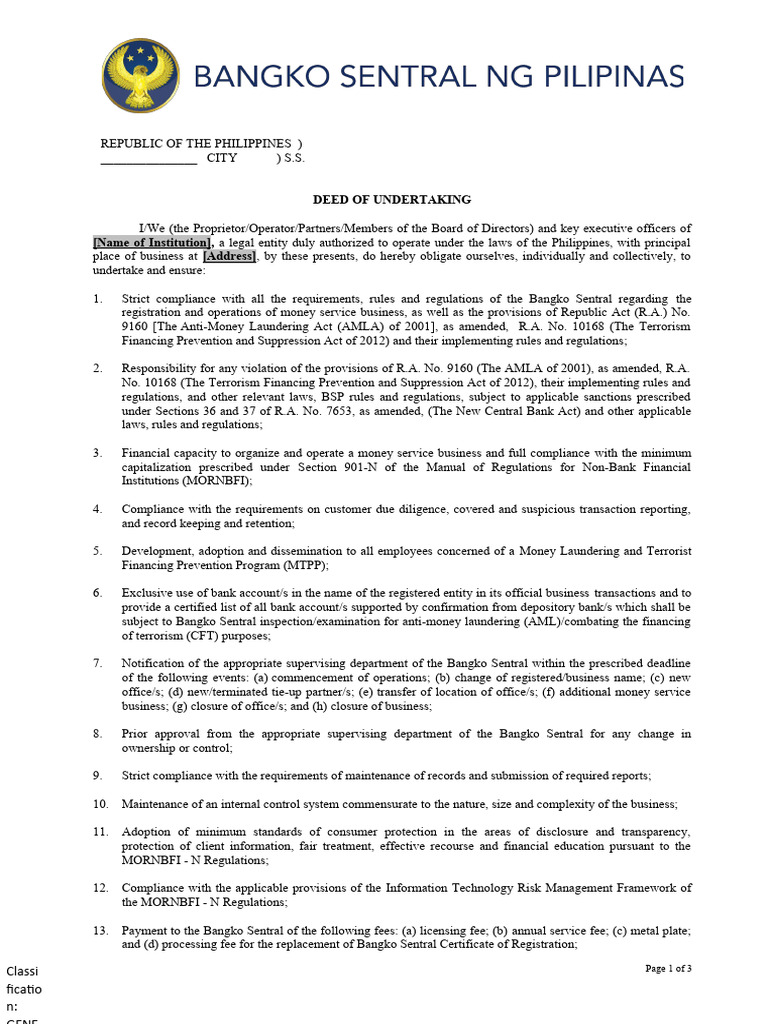 Annex L - Deed of Undertaking (MSB) | PDF | Money Laundering | Governance