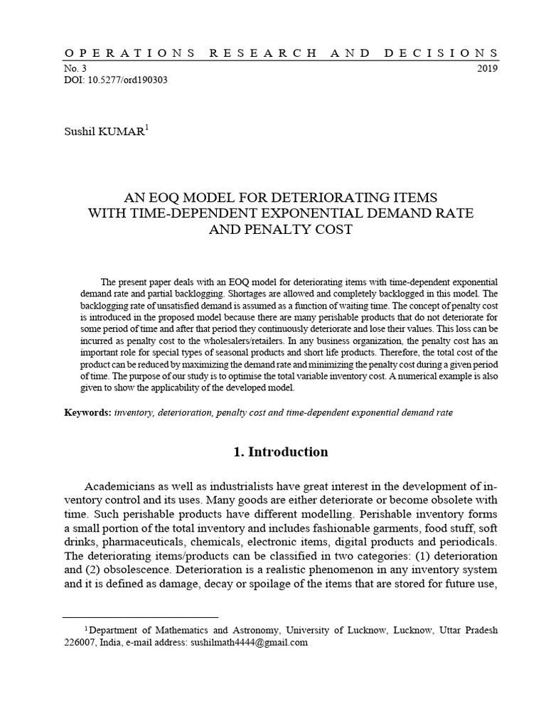 Kumar - An EOQ Model For Deteriorating Items With Time-Dependent | PDF | Inventory | Demand