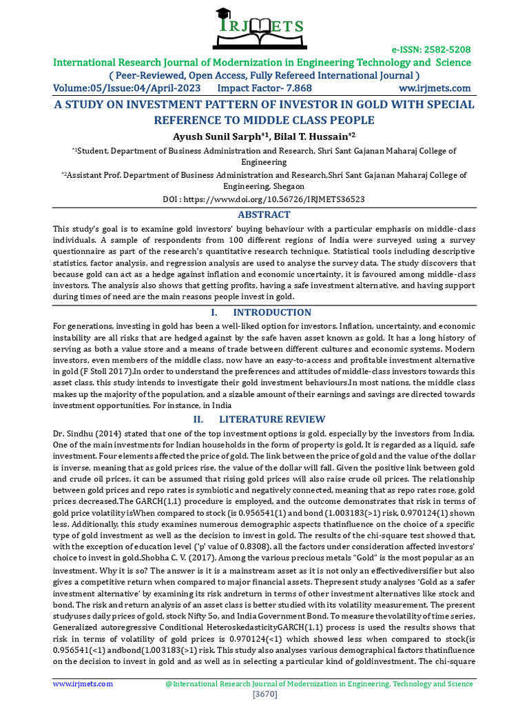 A Study On Investment Pattern of Investor in Gold With Special ...