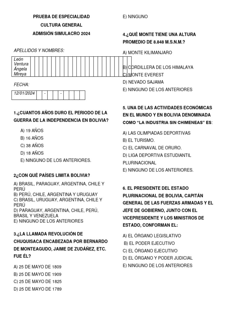 PREGUNTAS EXAMEN 2024 Actualizado | PDF | Bolivia | Comunidad andina
