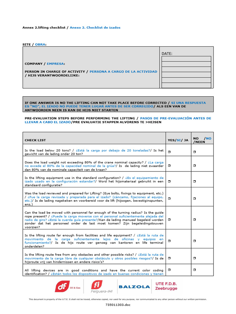 Lifting Operations CHECKLIST_eng+spn | PDF