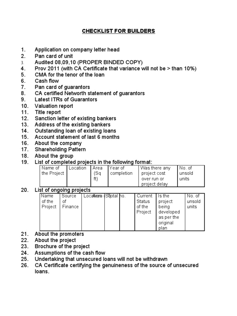 Checklist For Builders | PDF | Banks | Loans