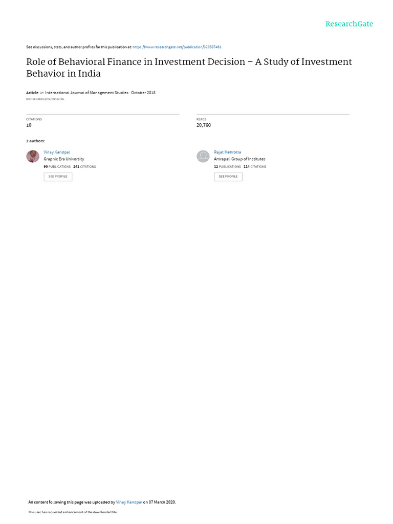 Role of Behavioral Finance in Investment Decision | Download Free PDF ...